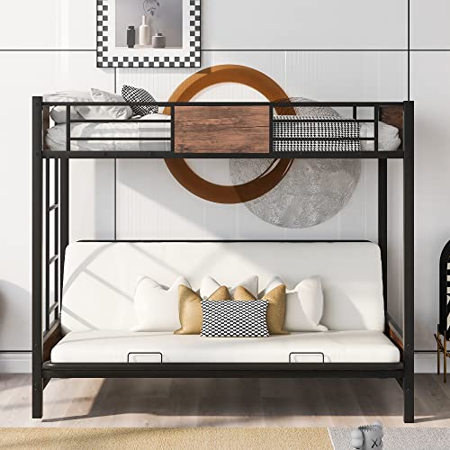 Polibi Twin-Over-Futon Couch and Bed, Metal Futon Bunk Bed with Guardrails and Ladder (Black)