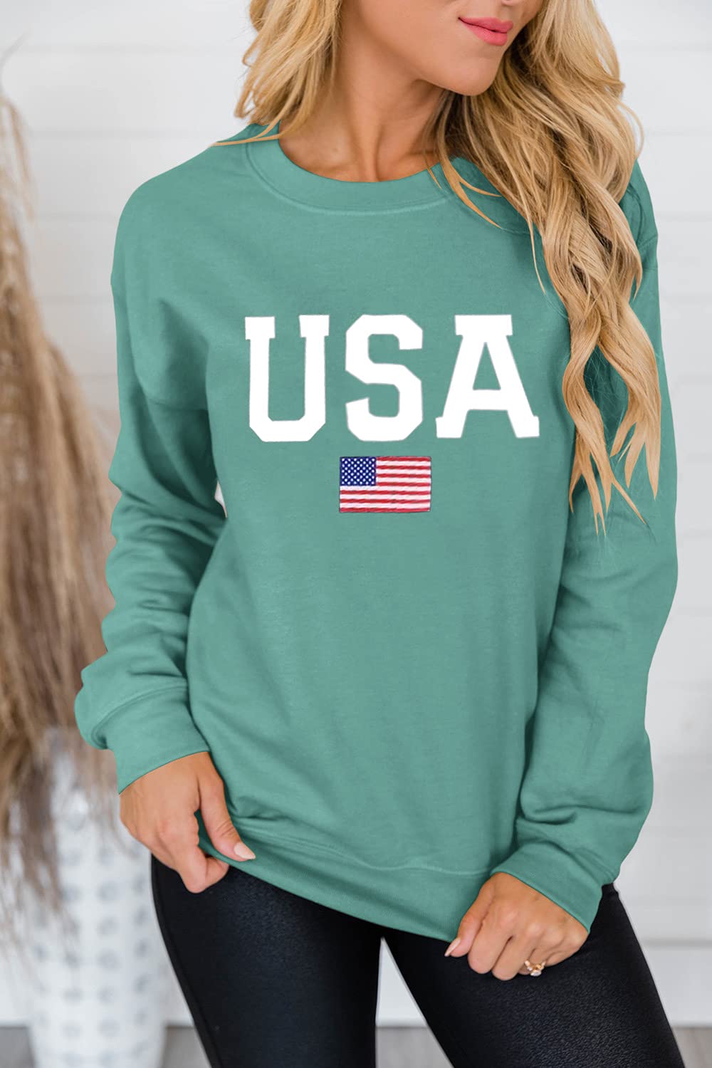 Women Long Sleeve Sweatshirt USA Flag Print Graphic Shirts Crew Neck America Pullovers Tops Blue Green Large