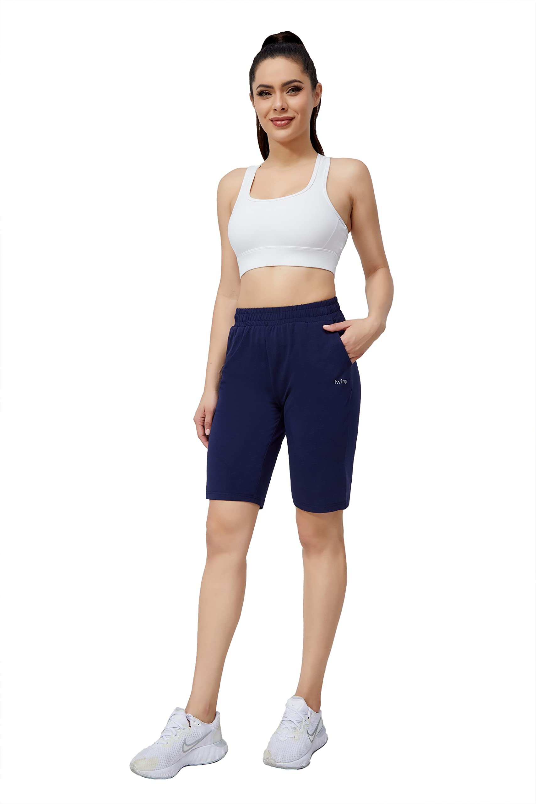 Women 10" Athletic Long Shorts High Waisted Running Workout Hiking Gym Cotton Short Pockets Light Grey XXL