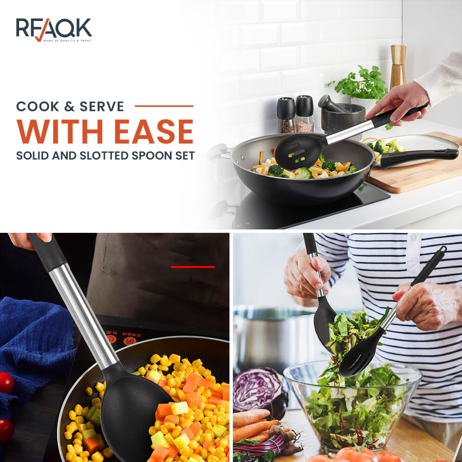 RFAQK 4PCs Solid & Slotted Turner and Spoon Spatula Set - 446°F Heat Resistance, For Nonstick Cookware, BPA Free Rubber Cooking Utensils Set - Ideal for Cooking, Mixing and Serving