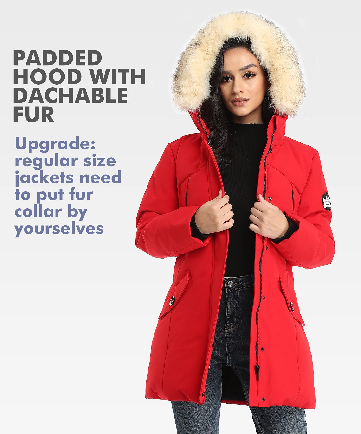 PUREMSX Women's Thickened Vegan Down Jacket, Winter Must Have Mid Length Hooded Performance Hiking Fishing Skiing Outdoor Activities Puffer Quilted Extremely Warm Parka,Red,Medium