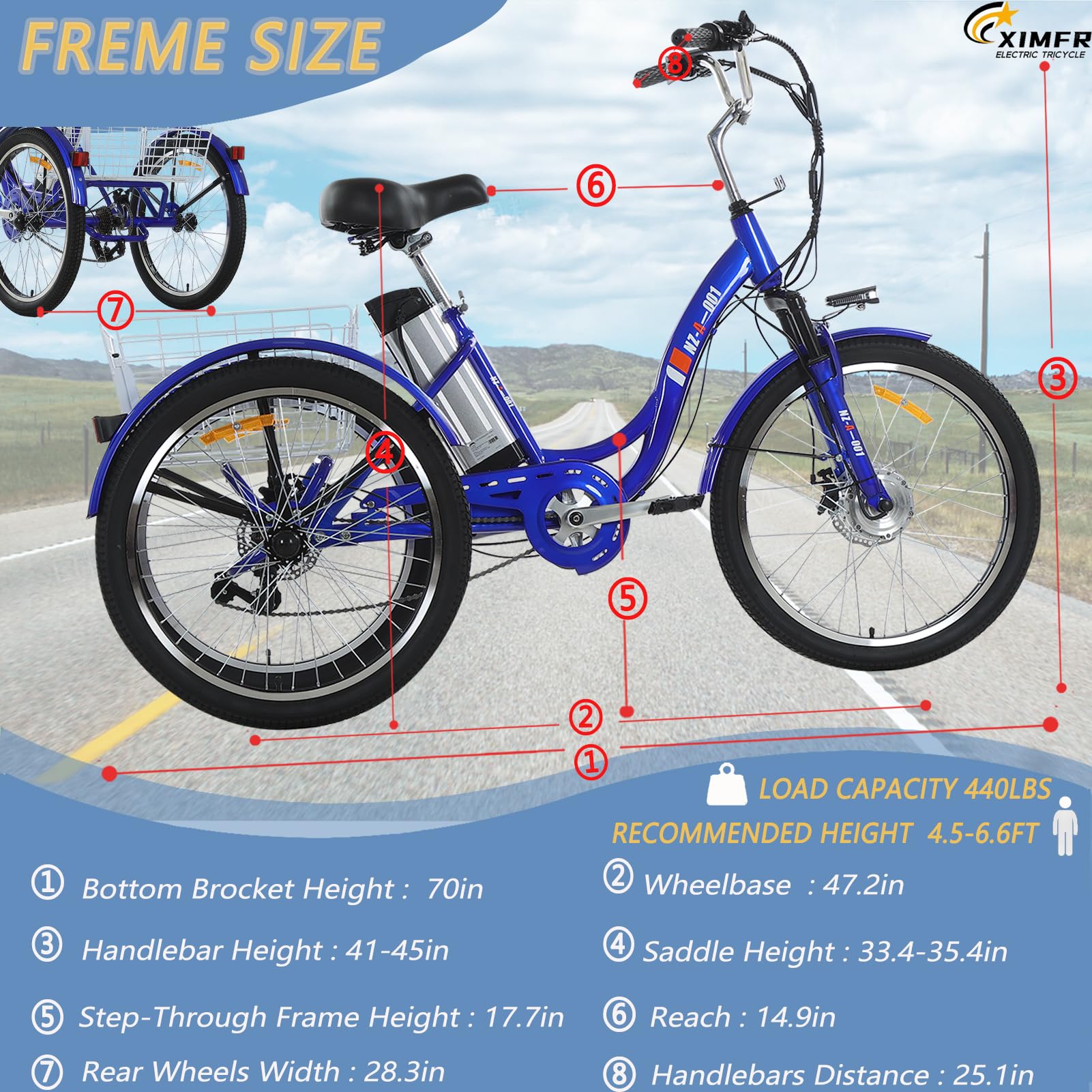 XIMFR 3 Wheel Electric Bicycle 24 Inches Tricycle Bikes Trikes for Adults with Fixed Basket to Use for Shopping Trips(Motor:350W Removable Lithium Battery:48V 13Ah)