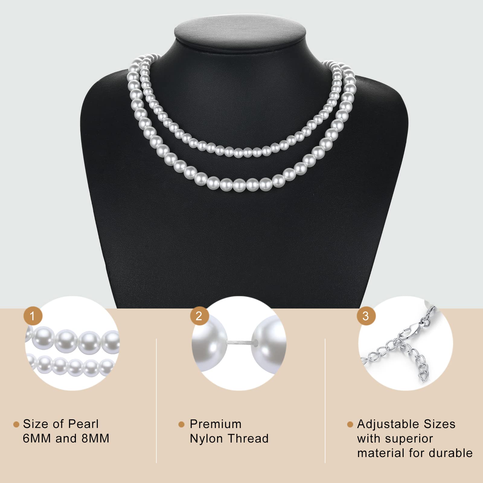 White Round Pearl Bead String Necklace for Men and Women - Imitation Pearl Choker Necklace Pearl Necklace White (8mm)