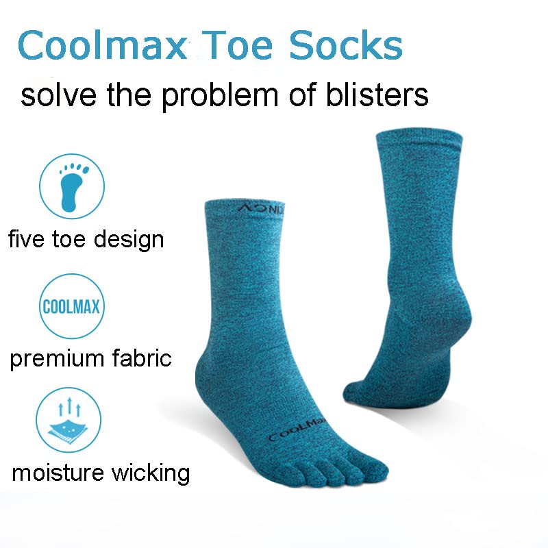 YOUGLE AONIJIE Hiking Toe Socks with Thickened Terry Lining Coolmax Five Finger Running Mid-Calf Socks Moisture Wicking Socks (L,2Pairs/Black, Blue)