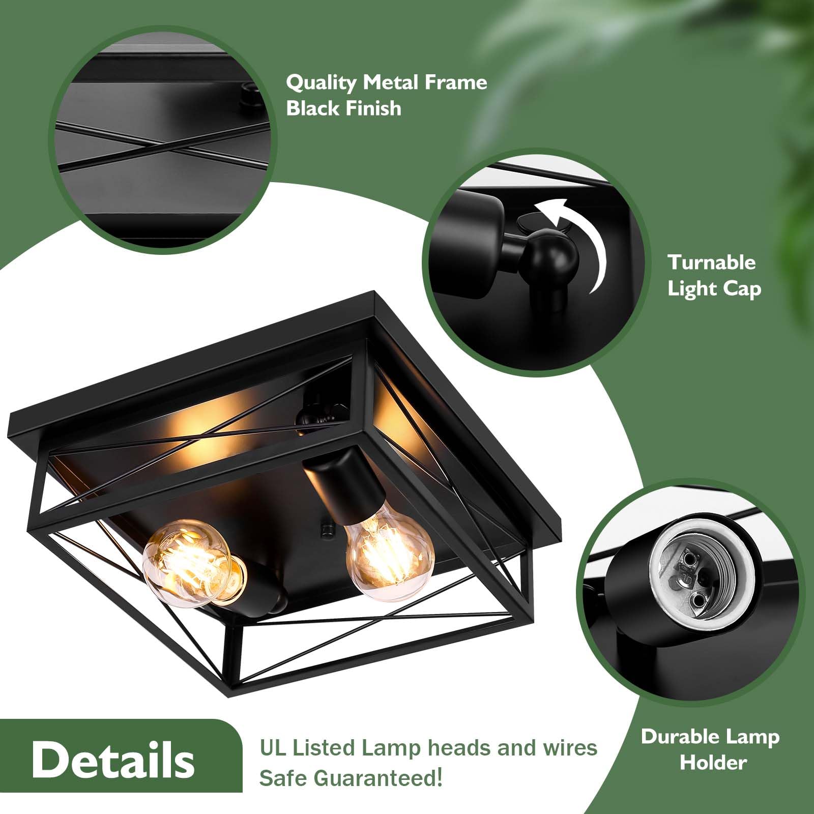 ONELEJA Black Rustic Flush Mount Ceiling Light Fixture, 2 lights Industrial Square Metal Cage Farmhouse Ceiling Light for Hallway Entryway Kitchen Bedroom Porch