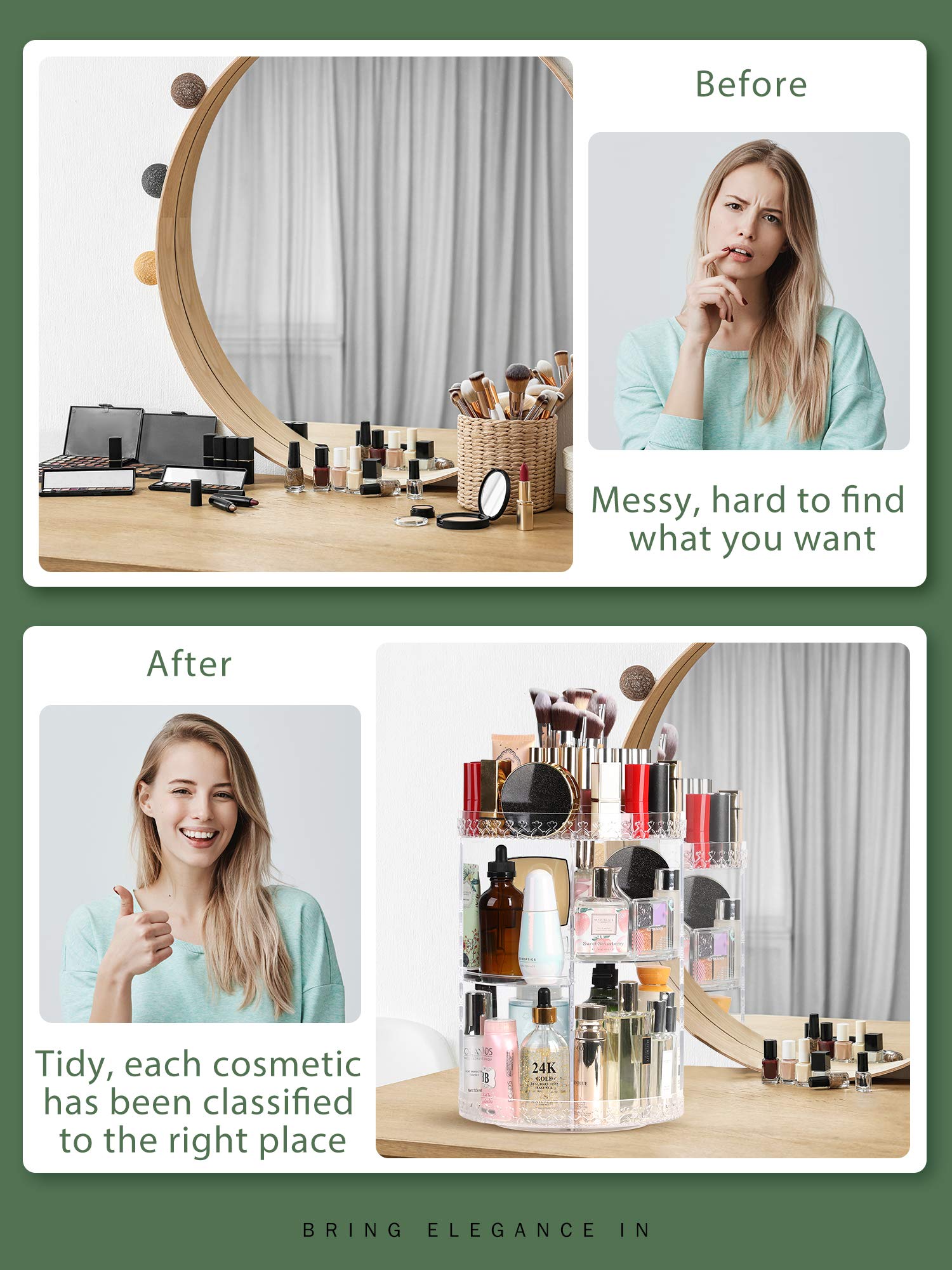 Syntus Rotating Makeup Organizer, 360 Adjustable Cosmetic Carousel Spinning Holder Rack, Large Capacity Makeup Storage Box Vanity Shelf Countertop for Bathroom, Lipsticks, Brushes, Clear