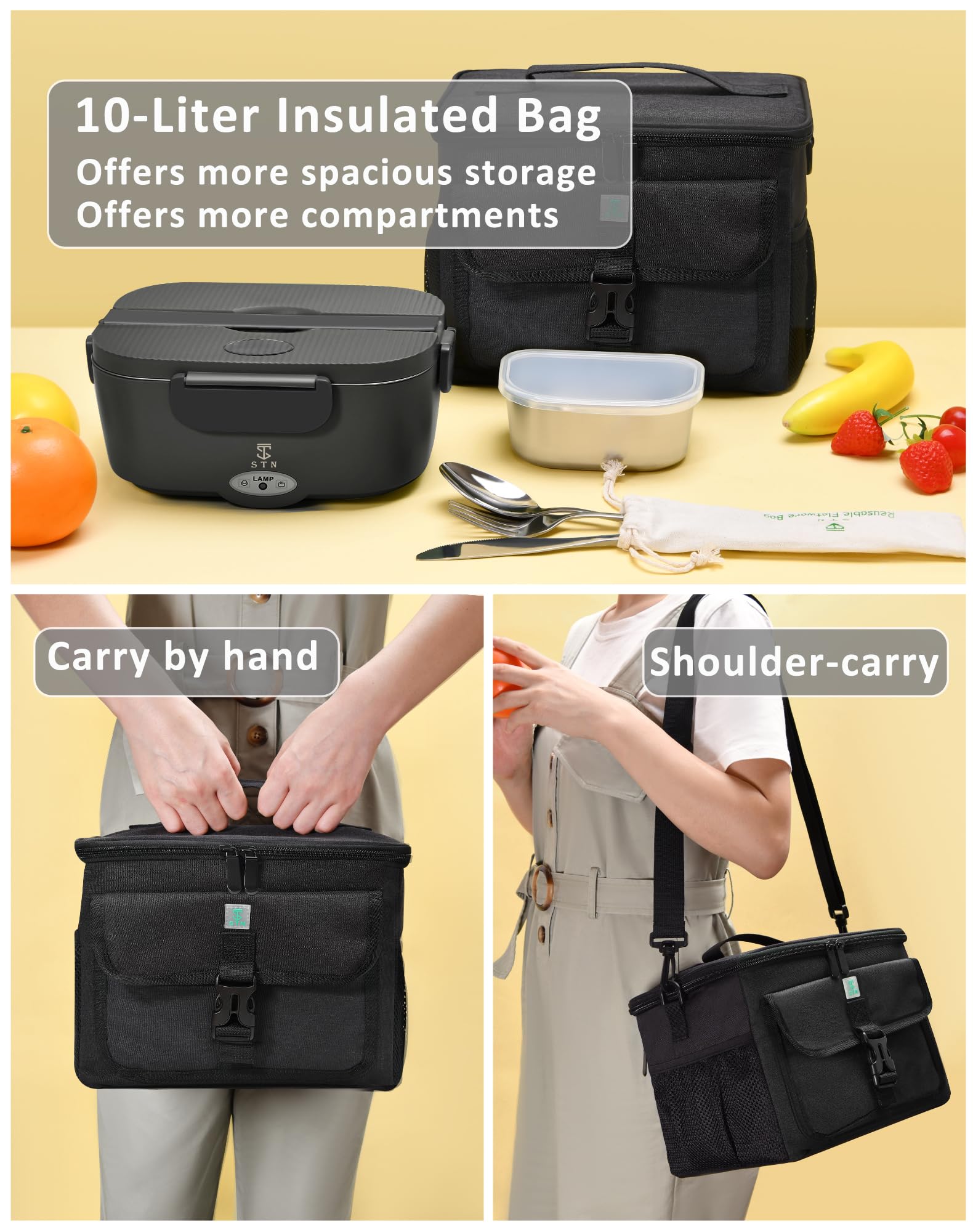 STN Heated Lunch Boxes For Adults,Efficient Electric Lunch Box Set with Removable 304 SS Container (1.5L+ 0.45L),10L Insulated Bags,Big Cutlery Set for 12v 24v 110v