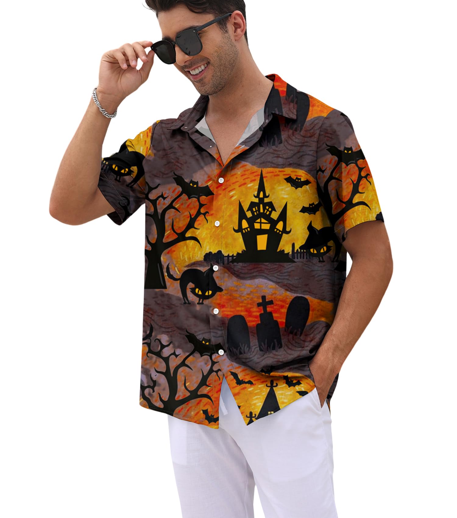 WHO IN SHOP Men's Halloween Shirts Cute Scary Horror Short Sleeve Button Up Shirt