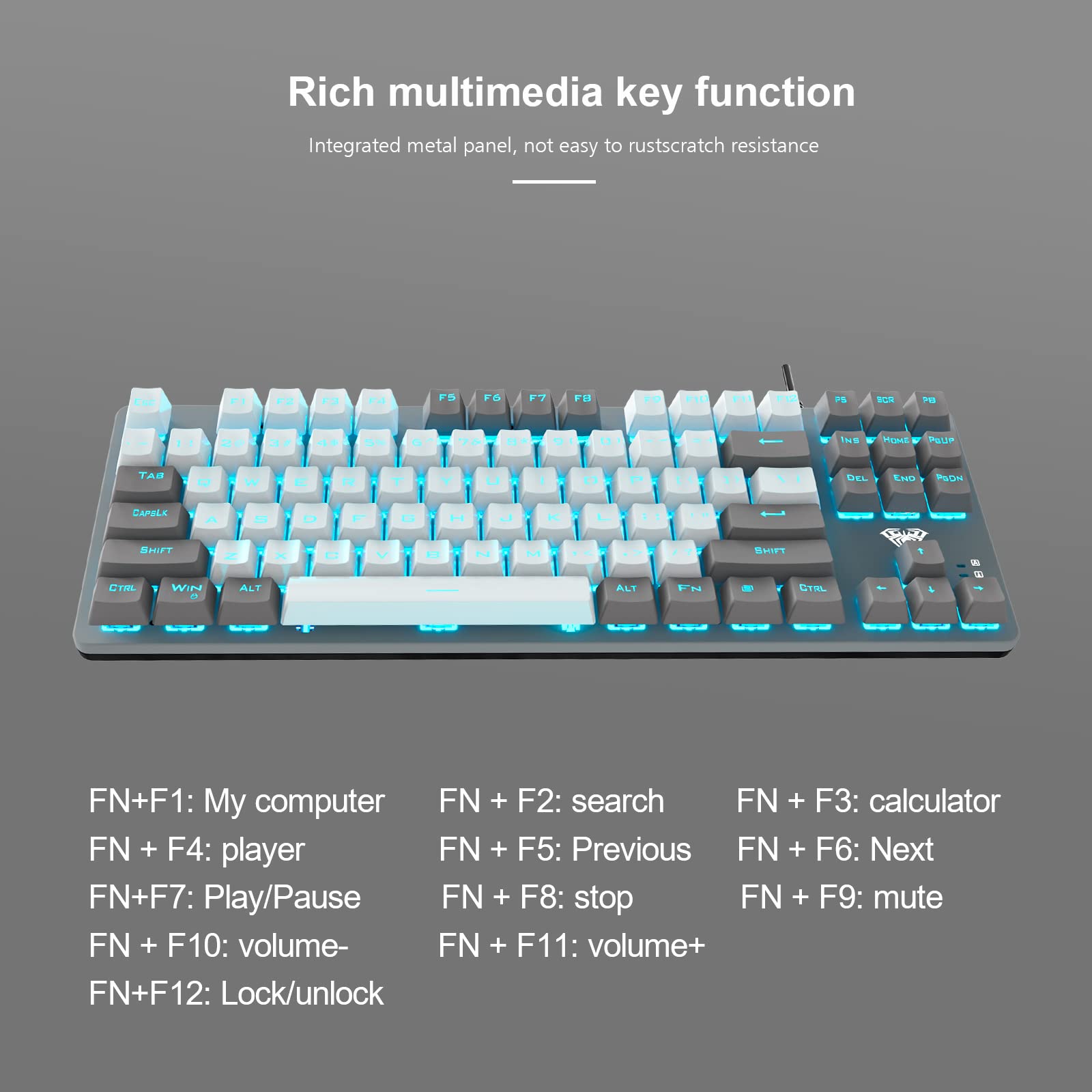 ZDawnn Wired Mechanical Gaming Keyboard Tenkeyless,80% Compact 87 Keys LED Backlight,Hot Swappable Blue Switch TKL Mechanical Keyboard for Computer and Laptop (White/Gray)