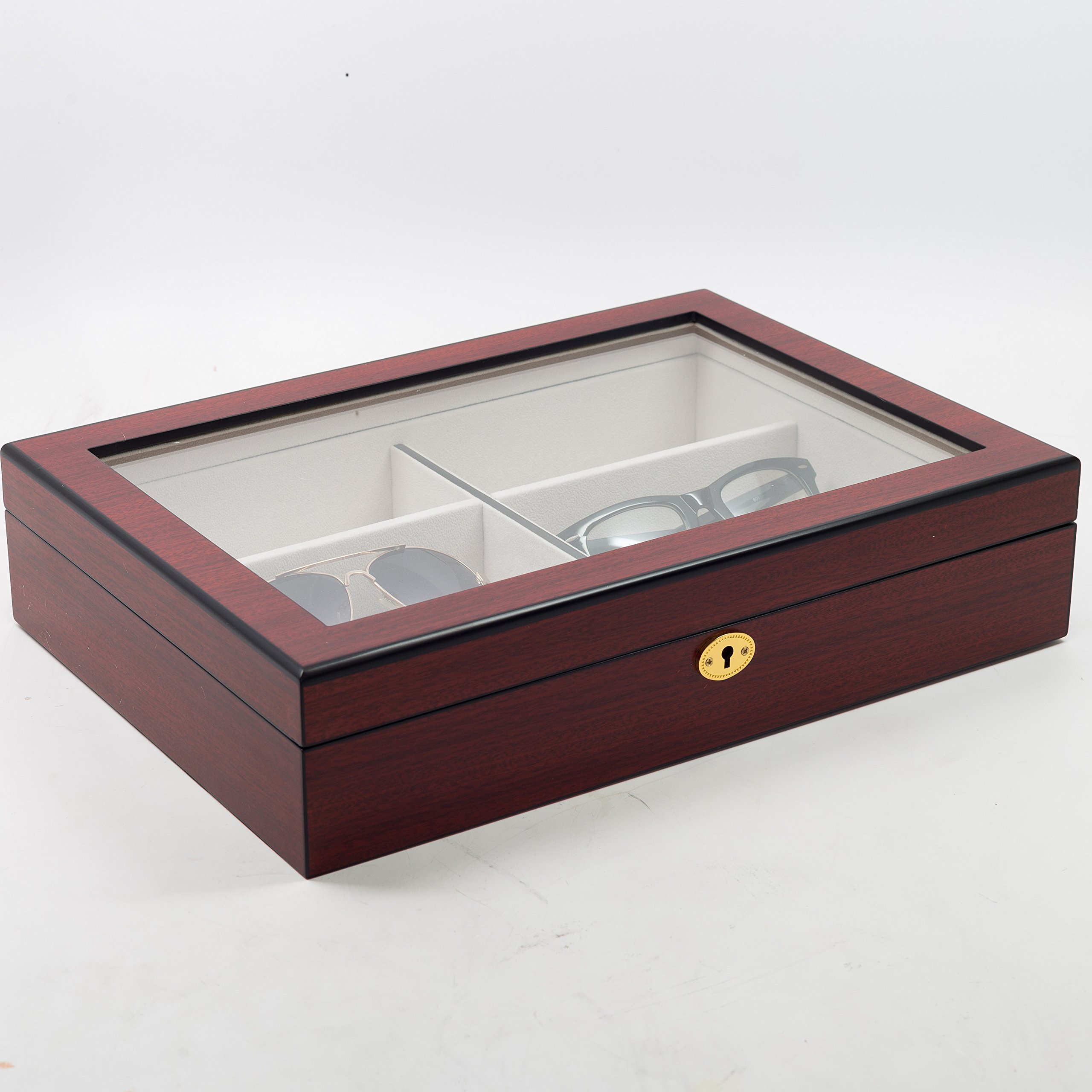 TIMELYBUYS 12 Piece Large Cherry Wood Eyeglass Sunglass Two Level Glasses Display Case with Drawer Storage Box