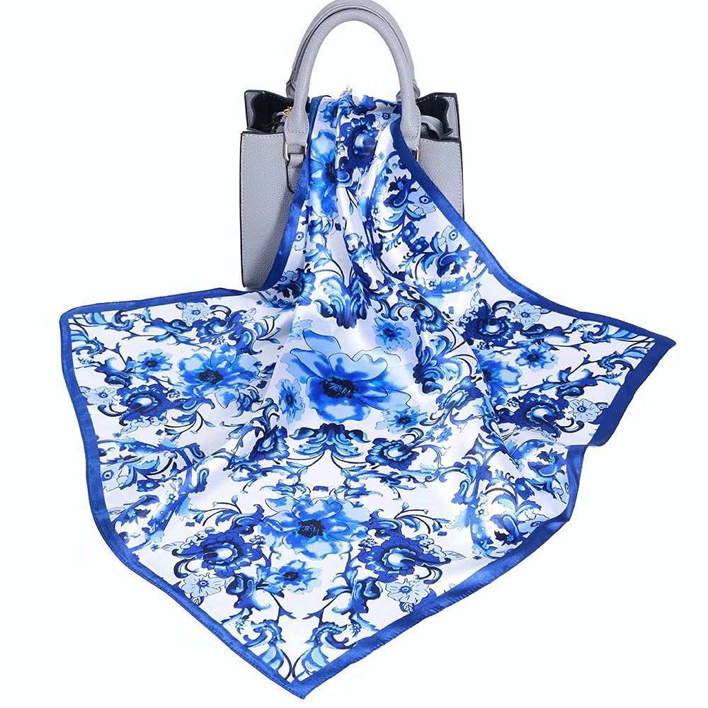 YOUR SMILE 100% Silk Scarf Women’s Fashion Pattern Large Square Satin Headscarf Headdress 24''x24'',Blue Flower