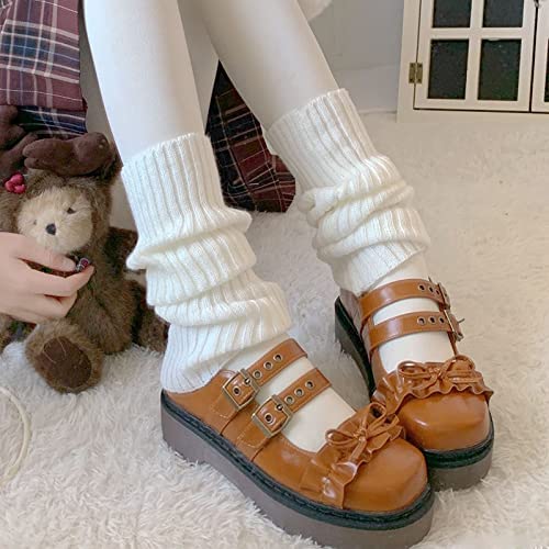 VINMEN Women's Harajuku Lolita Leg Warmers Kawaii Knit Long Ankle Socks Fall Winter Heap Sock (A White ), Free Size