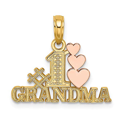 Solid 14k Yellow and White Gold Two Tone Number One # 1 GRANDMA Three Hearts Charm Pendant - 16mm x 20mm