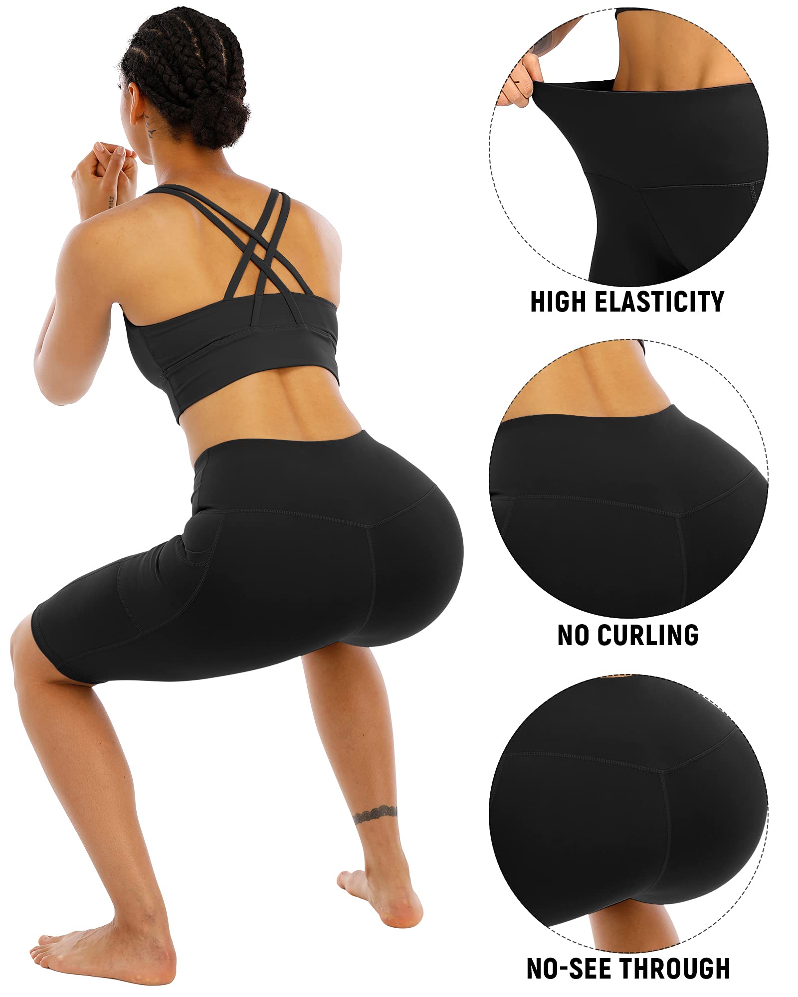 WHOUARE 4 Pack Biker Yoga Shorts with Pockets for Women,High Waisted Athletic Running Workout Gym Shorts Tummy Control,Black,Navy,Dark Gray,Brown,L