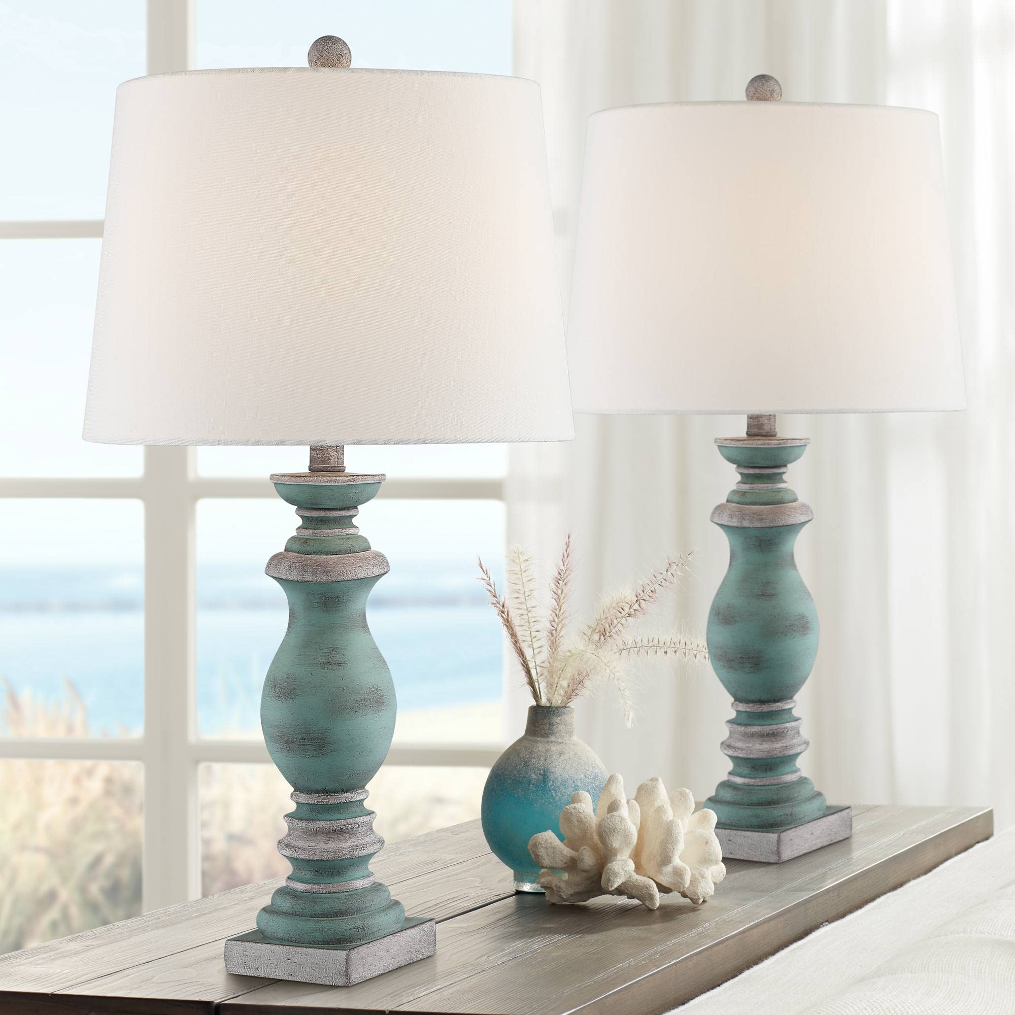 Regency Hill Patsy Country Cottage Traditional Style Table Lamps 26.5" High Set of 2 Blue Gray Washed Tapered Fabric Drum Shade Decor for Living Room Bedroom House Bedside Nightstand Home