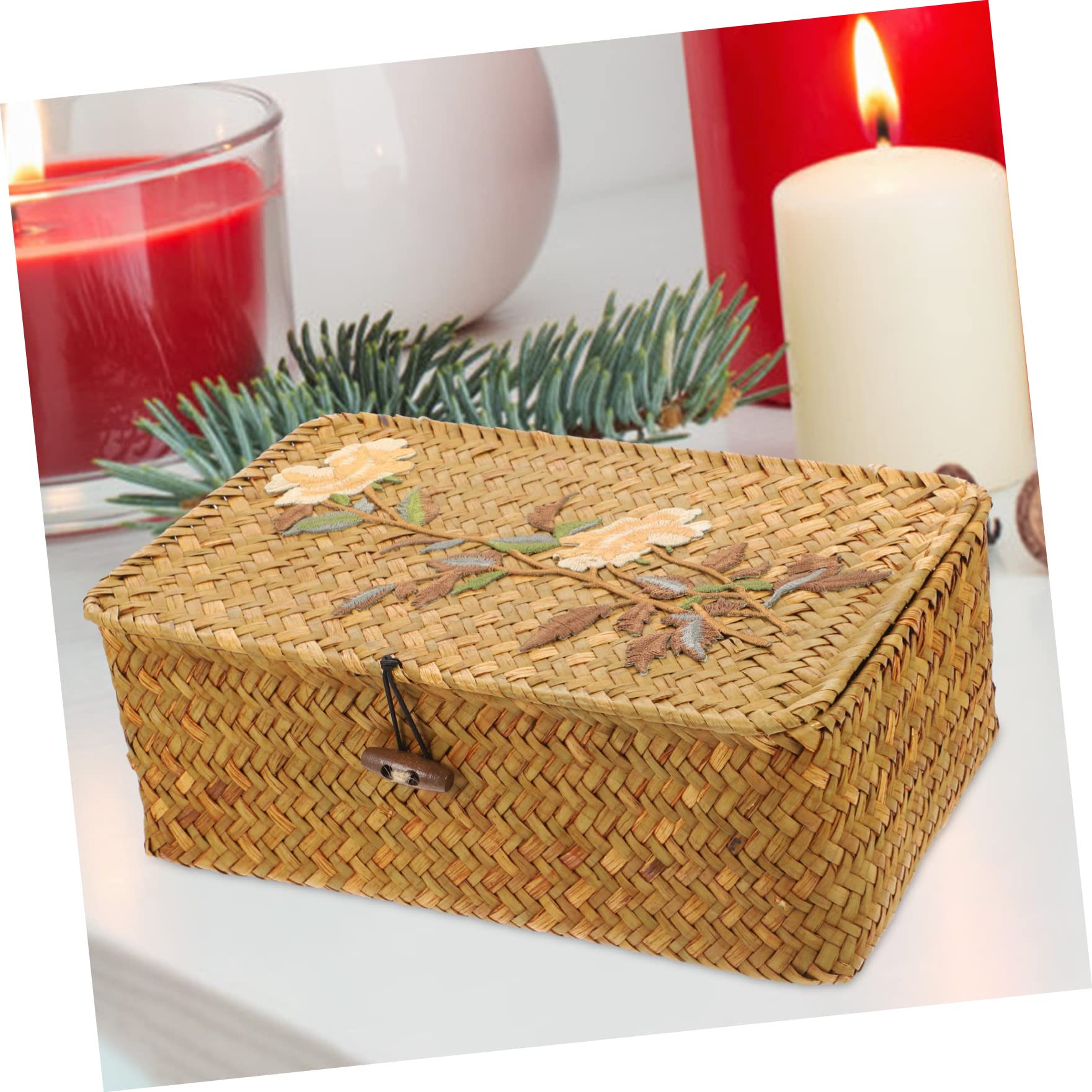 STOBAZA Rattan Storage Box Straw Embroidery Gift Box Simple Woven Basket Iron Lidded Box Rattan Basket