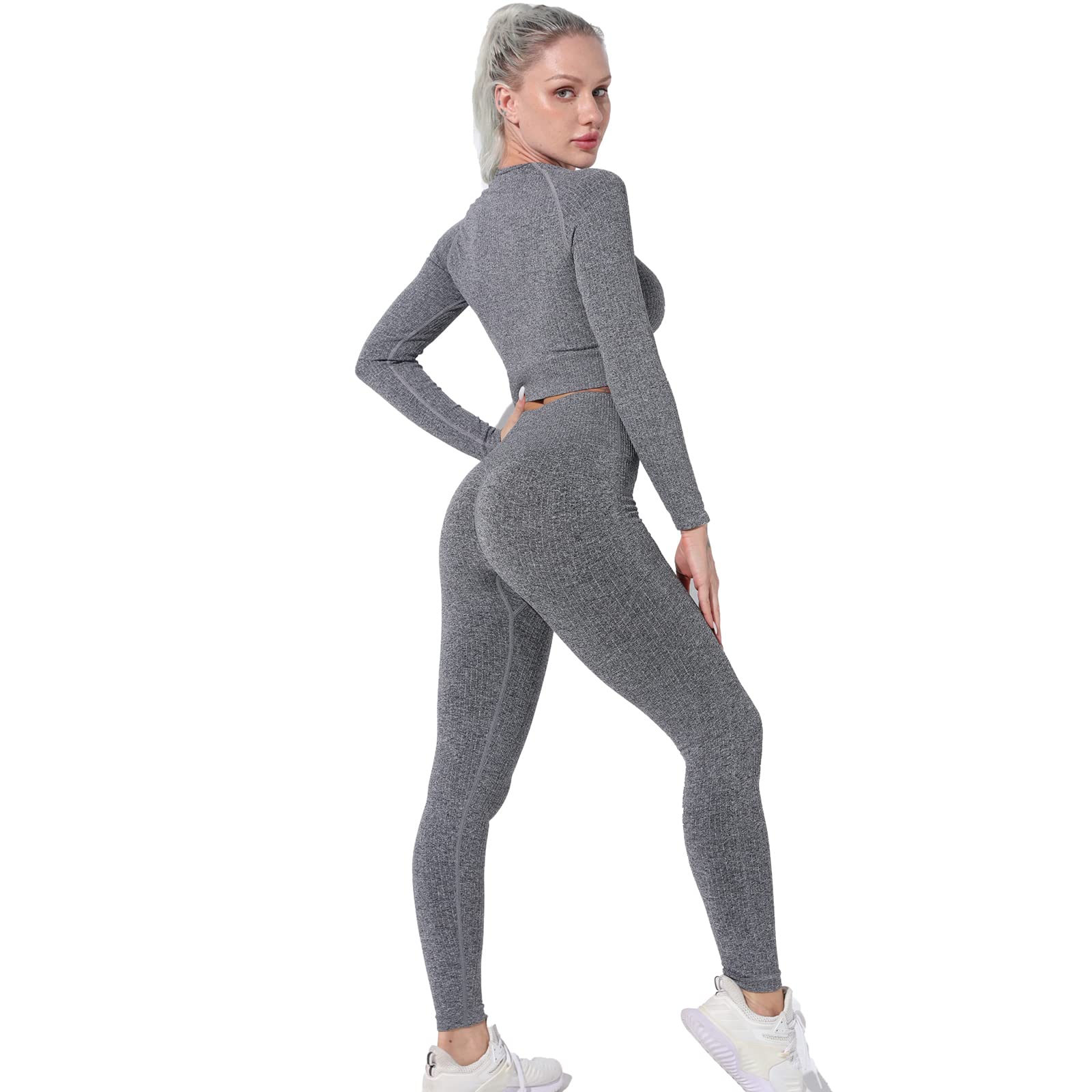 Workout Sets for Women 2 Piece Long Sleeve Seamless Crop Tops Gym Clothes Outfit
