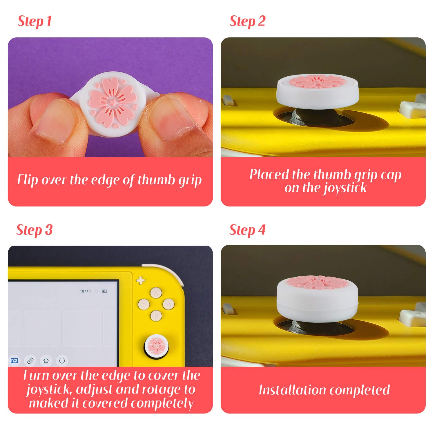 Sunmind 16 Pieces Sakura Flower Thumb Grip Cover, Thumb Grip Thumb Stick Grips Silicone Cover Compatible with Nintendo Switch and Lite, Joy-Con Controller (Pink White Turquoise Yellow)