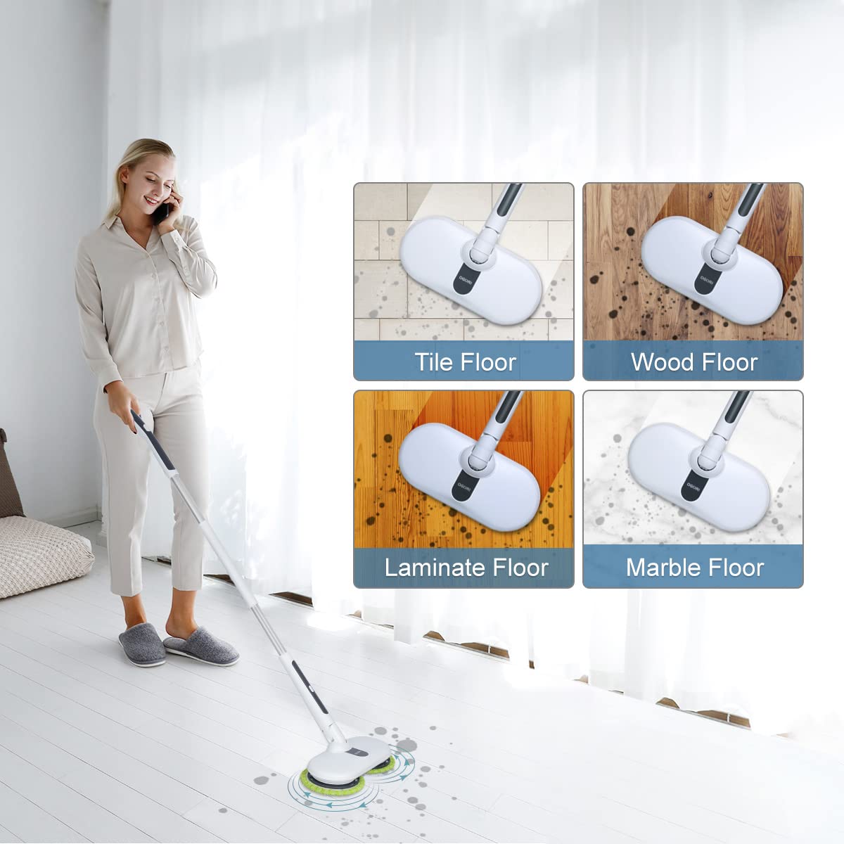 OGORI Cordless Electric Spin Mops for Hardwood , Tile, Vinyl & Laminate Floors, Rechargeable Dual Spinning Scrubber Cleaner , 4 Reusable Microfiber Pads