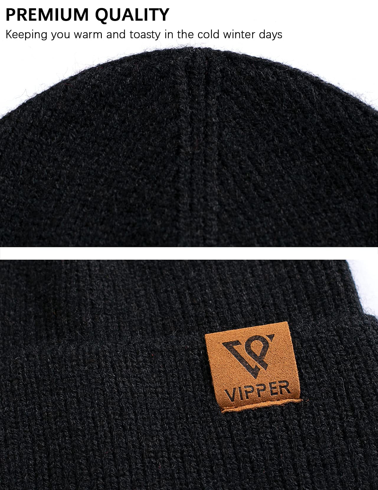 VIPPER Men Beanie Knit Skull Cap Warm Stocking Hat Guys Women Winter Cuff Cuffed Beanie Hats Black