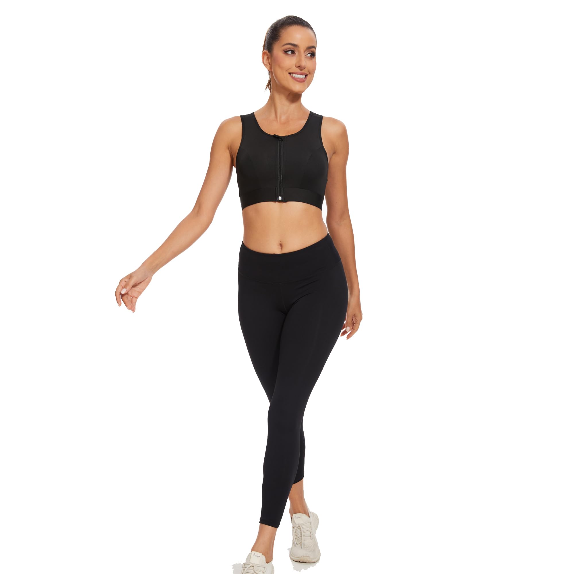 Women's High Impact Support Zip Front Closure Post Surgery Compression Sports Bra Black L