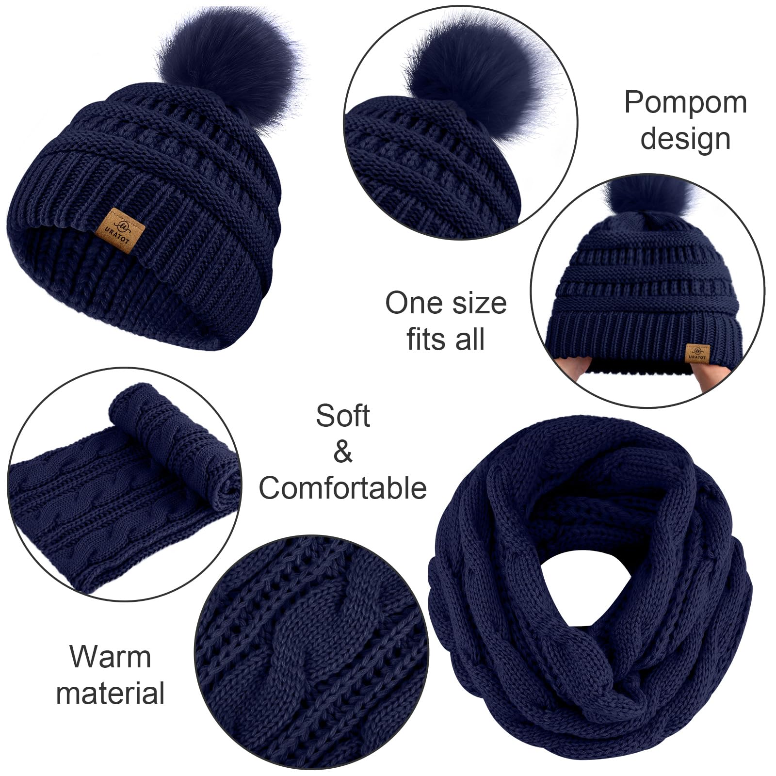 URATOT Winter Warm Sets Knitted Scarf Beanie Pompom Hat Touch Screen Gloves and Winter Ear Warmer Set for Men or Women