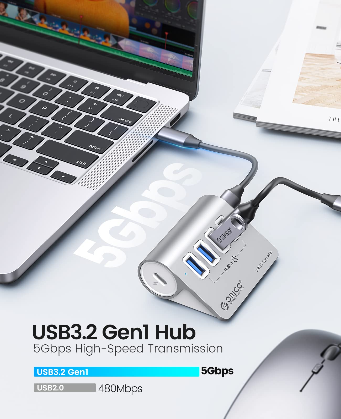 ORICO 4 Port USB 3.0 Unibody Aluminum Portable Data Hub with 3.3ft Extension Cable for MacBook Pro/Mini, iMac, XPS, Surface Pro, Notebook PC, USB Flash Drives, Mobile HDD - Space Gray