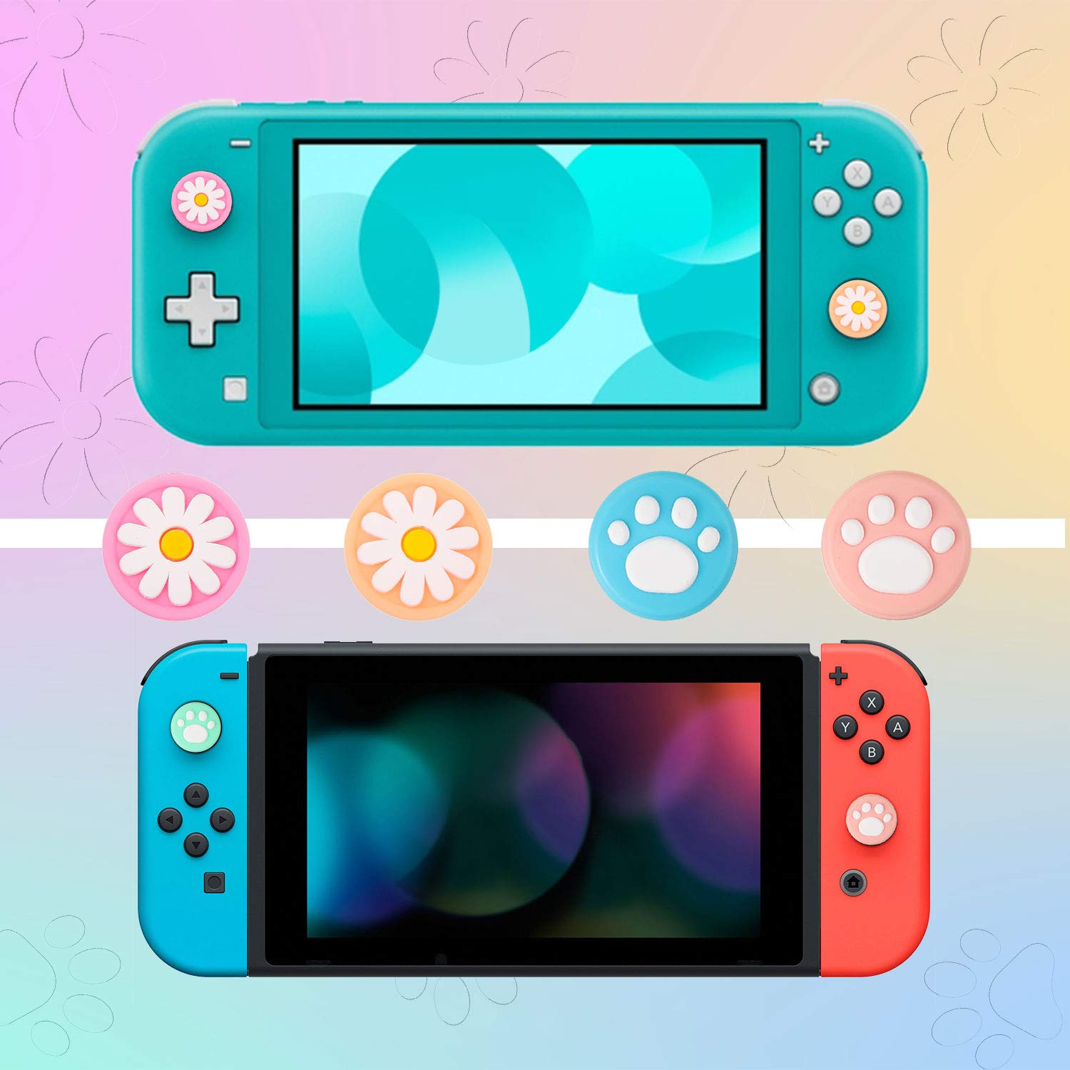 Sunmind 24 Replacement Cute Cat Paw and Flower Design Thumb Grip Caps Thumb Grips Analog Stick Cover Joystick Cap Cover Compatible with Nintendo Switch, Switch Lite and Joy-Con Controller