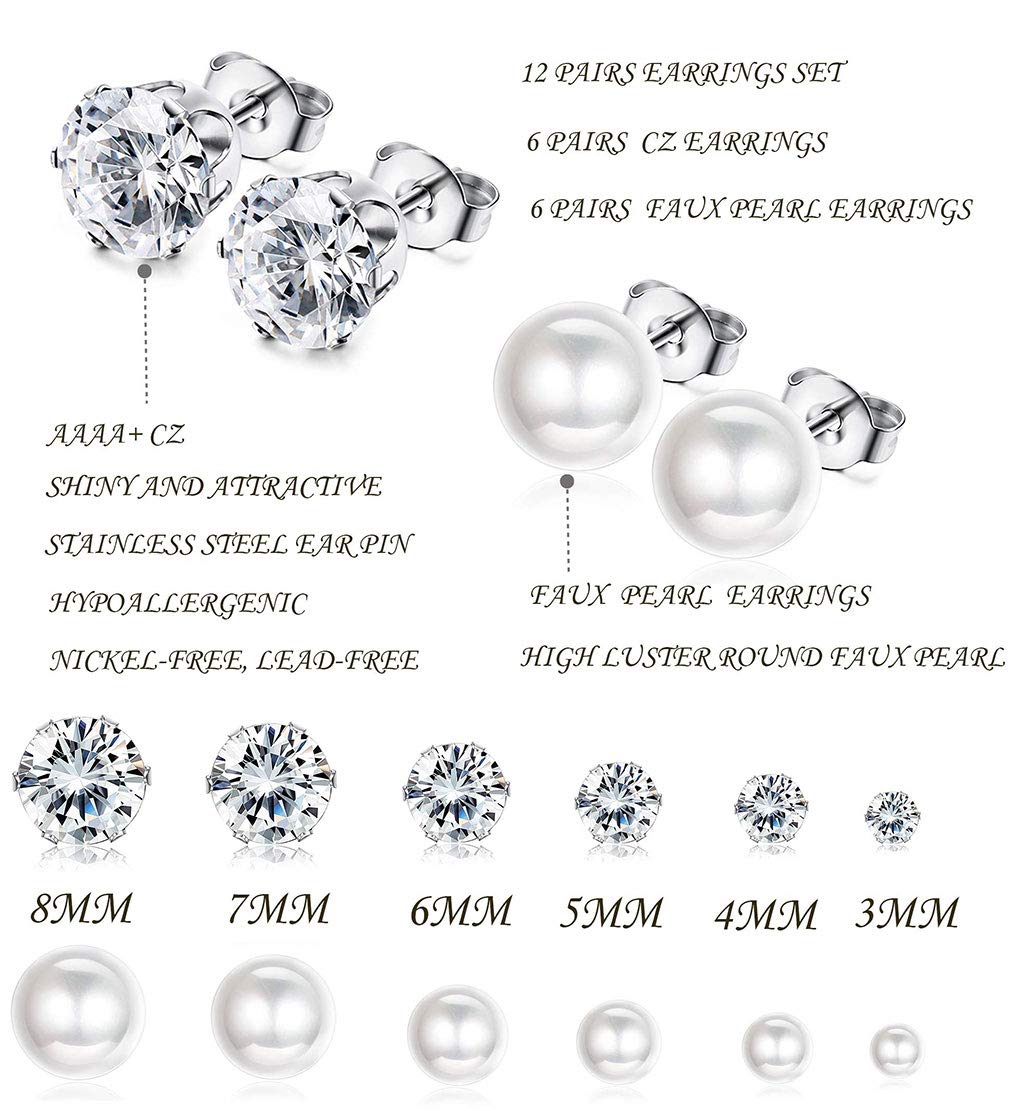 Spiritlele 18 Pairs Assorted 3-8mm Stud Earrings Set, CZ Stud Earrings, Ball Stud Earrings, Pearl Stud Earrings for Women