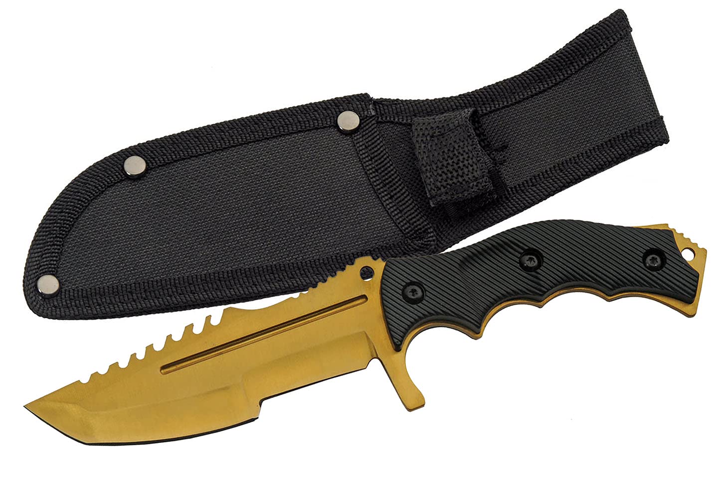 Szco Supplies 8.5” Gold/Black Full Tang Fixed Blade Saw Back Tracker Survivor Knife with Sheath, (211548-GD)
