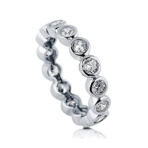 TwoBirch Platinum Plated Sterling Silver Bezel Set Round Cut Moissanite Eternity Ring (GRA CERTIFIED) (3 MM) SIZE 8