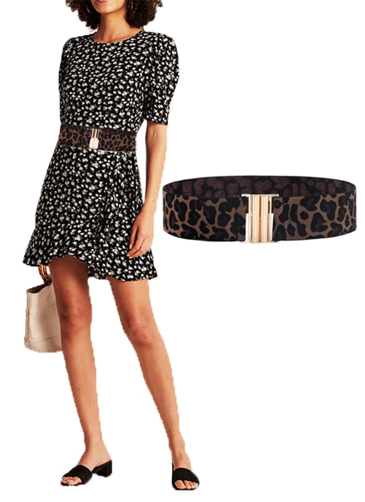Women's Ladies Elastic Vintage Leopard Print Obi Belts Stretchy Retro PU Leather Waist Cinch Belt (Leopard Gold, Below 39")