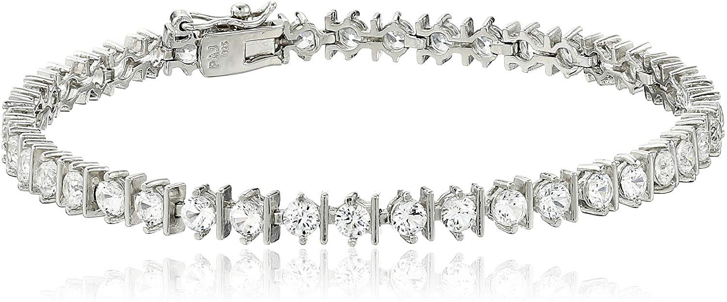 Rhodium Plated Sterling Silver Round Created White Sapphire 3mm Bracelet, 7.25"