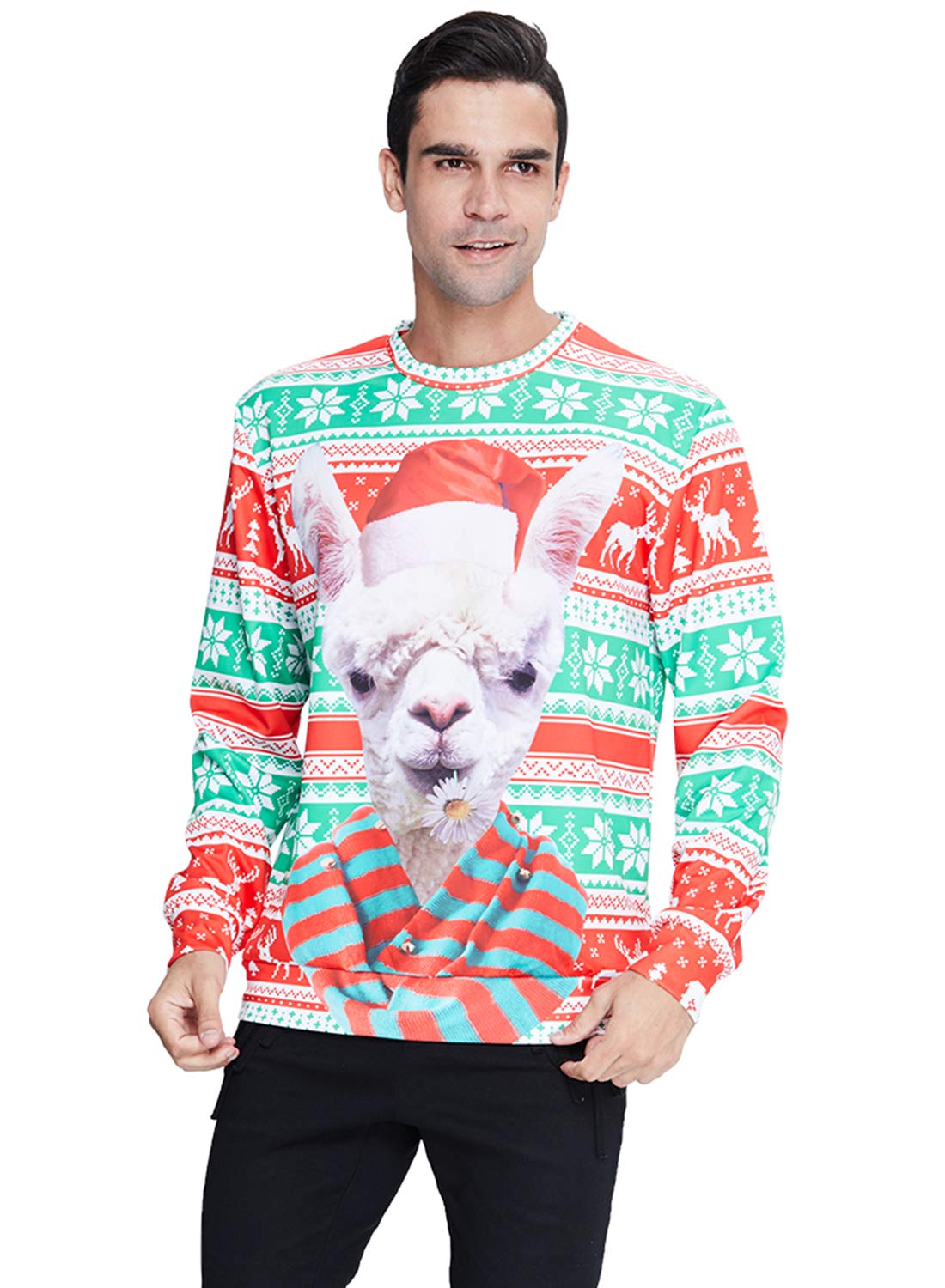 RAISEVERN Ugly Christmas Sweater for Men Women Funny Xmas Alpaca Scarf Sweatshirt Holiday Festive Long Sleeve Winter Llama Pullover Snowflake Top