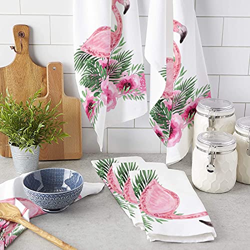 Super Soft and Absorbent Dish Towels 4 Pack, 28”x18”,Flamingo with Tropical Garden Hibiscus Flower Plant Highly Absorbent Microfiber Bar & Tea Towels for Home, Kitchen