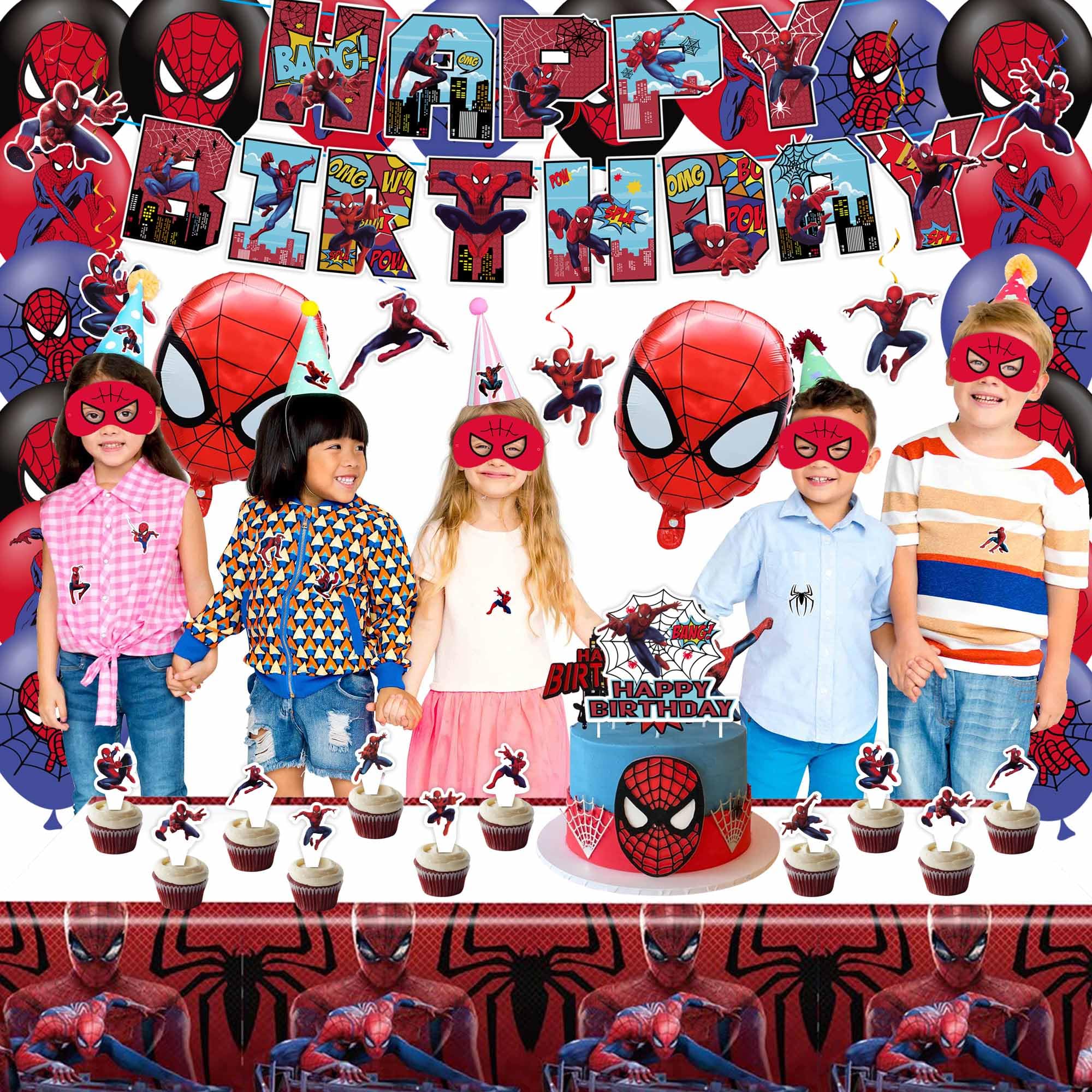 Spider Birthday Decorations, Spider Birthday Party Supplies Include Banner, Balloons, Spider Masks, Spider Stickers, Tablecloth and Backdrop for Girls Boys Birthday Party Decorations