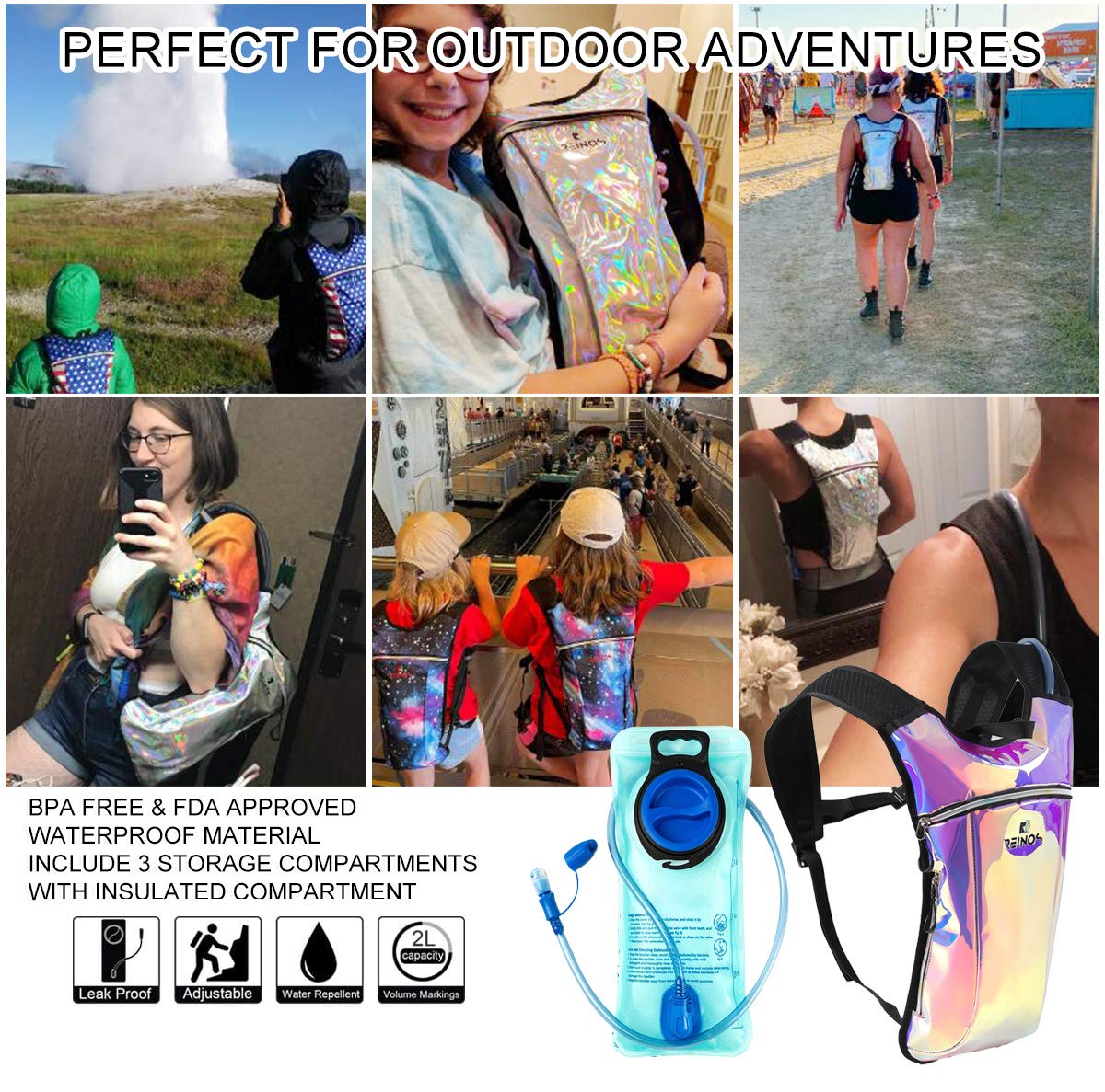 REINOS Hydration Backpack - Light Water Pack - 2L Water Bladder Included for Running, Hiking, Biking, Festivals, Raves (USA Flag)