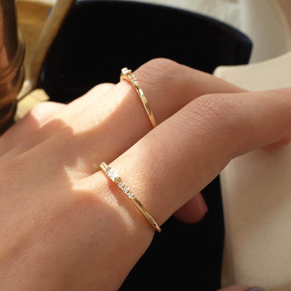 Tiny 18k Gold Plated Rings for Women Baguette Round Cubic Zirconia Engagement Wedding Stackable Band Ring (8)