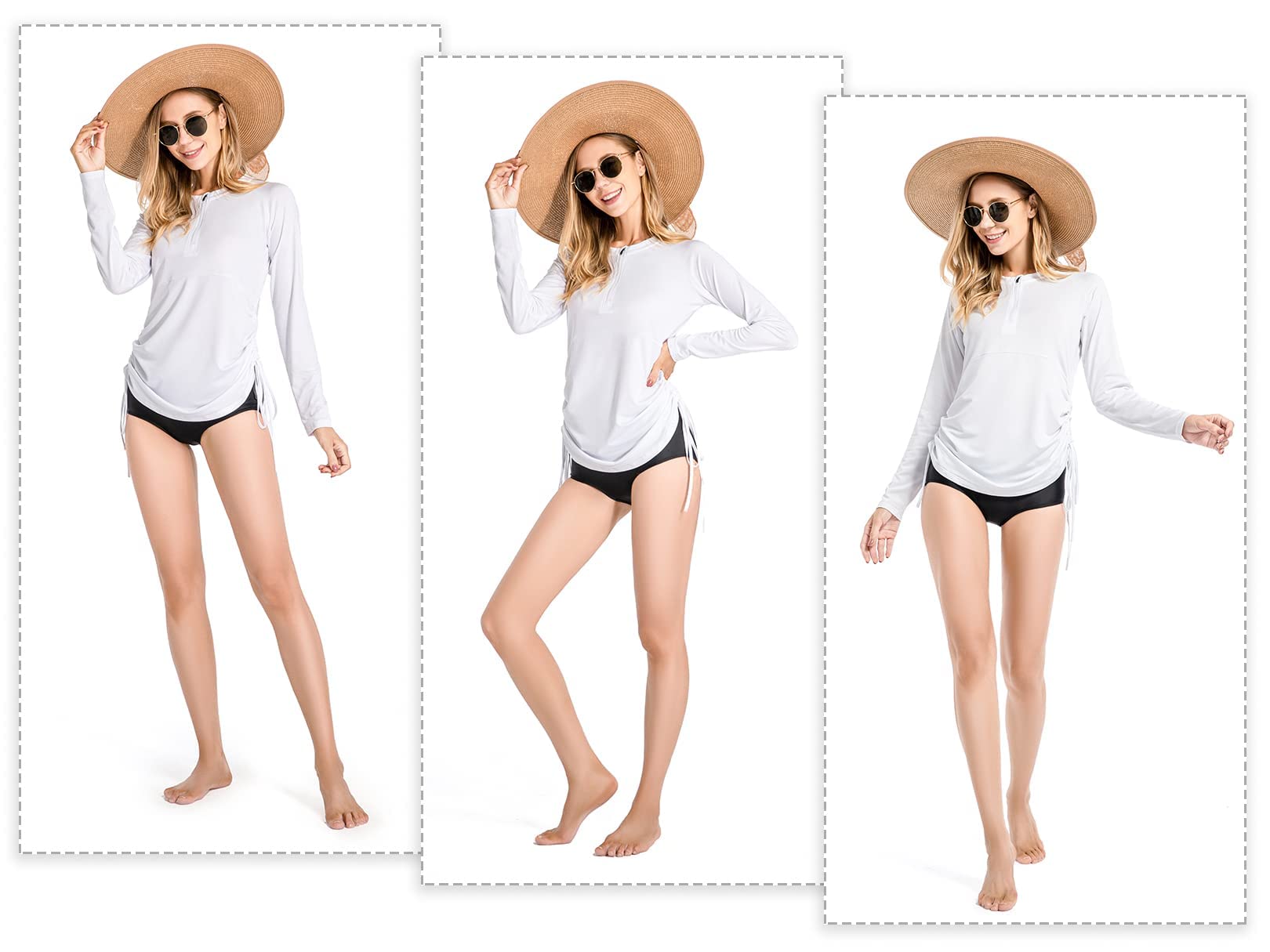 Women's Long Sleeve Rash Guard UV Sun Protection Shirts Half-Zip Side Adjustable Wetsuit Swimsuit Top White L