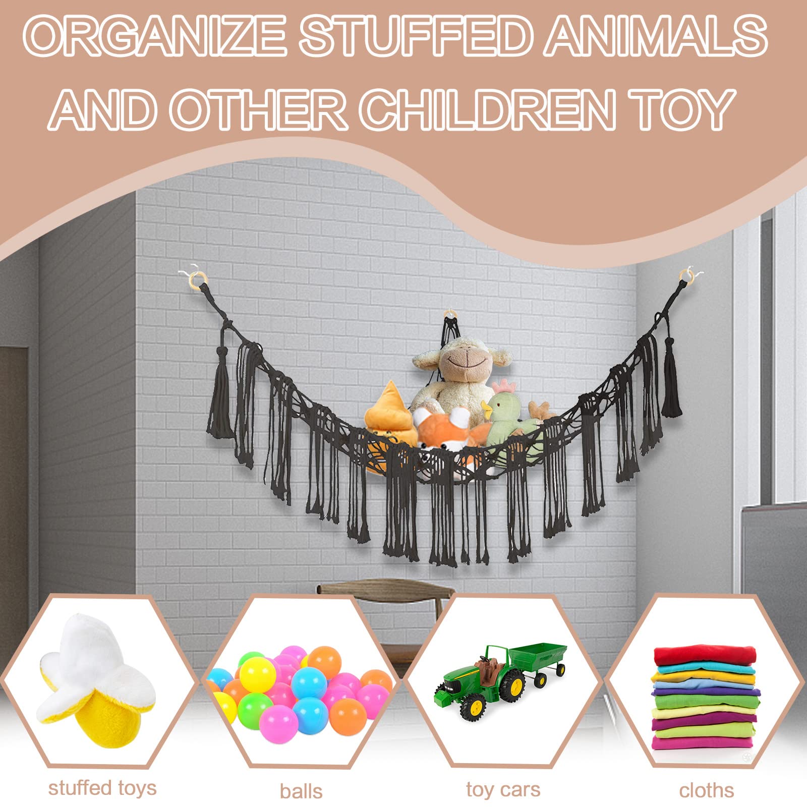 Triangle Stuffed Animal Hammock, 2 Sets Hammock for Stuffed Animals with Macrame Tassels, 59"x 40"x40" Net for Stuffed Animals Corner, Stuffed Animal Net or Hammock for Bedroom (Black)