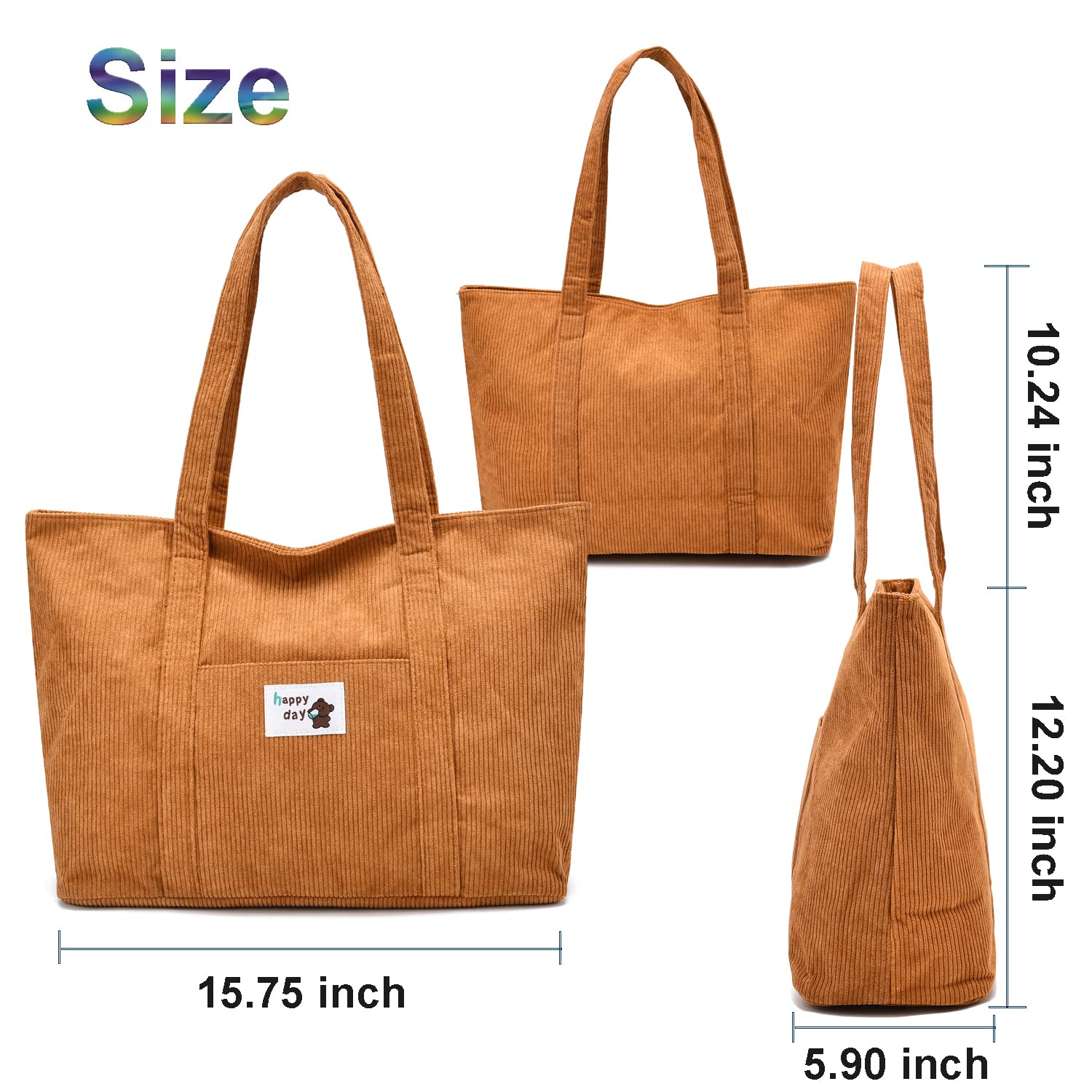 Women Large Corduroy Tote Bags Zippered for Shopping College Beach Work Everyday Purse with Long Handles