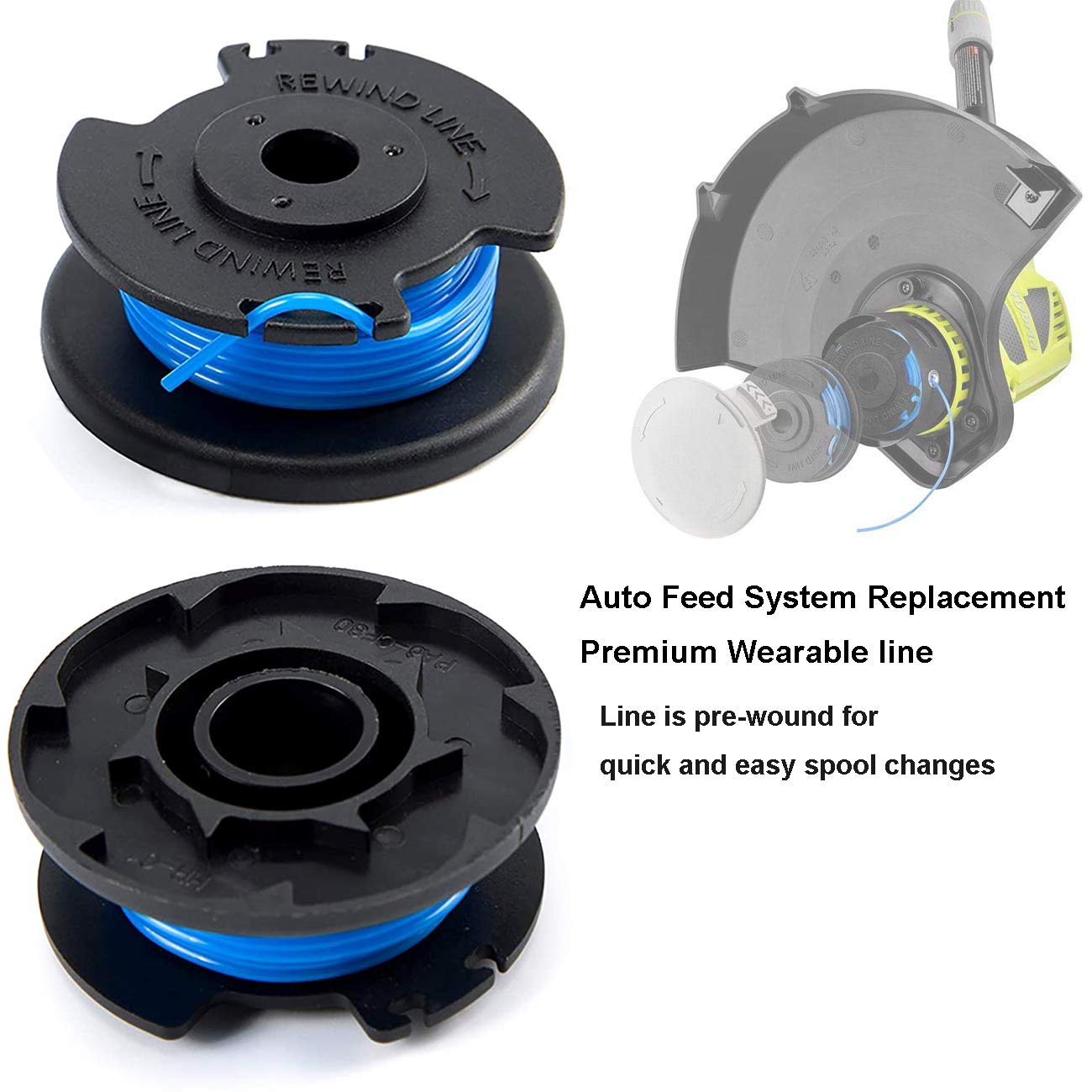 TIOIT COEME String Trimmer Spool Line for Ryobi One+ AC14RL3A, 0.065" Autofeed Replacement Refill Spools for Ryobi 18V, 24V, and 40V Cordless Trimmers Weed Eater String (9 - Edger Spool,1 Cap)