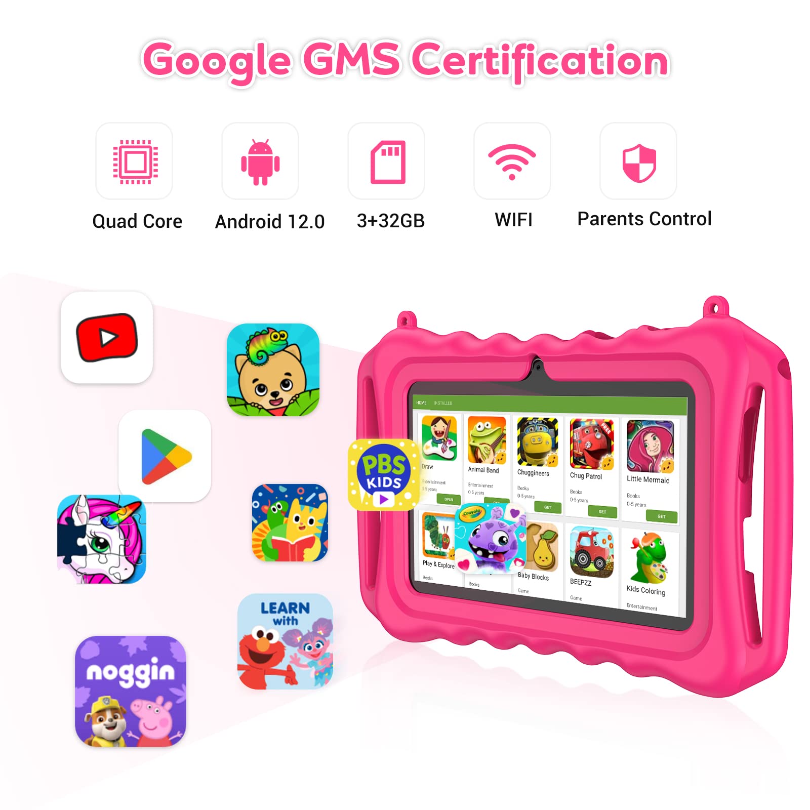 Tablet for Kids,7 inch Tablet for Toddlers 3GB RAM 32GB ROM, Android 12.0 Kids Tablet with Dual Camera, WiFi, Bluetooth, Parental Control, Shockproof Case, YouTube, Netflix,Toddler Tablet for Children