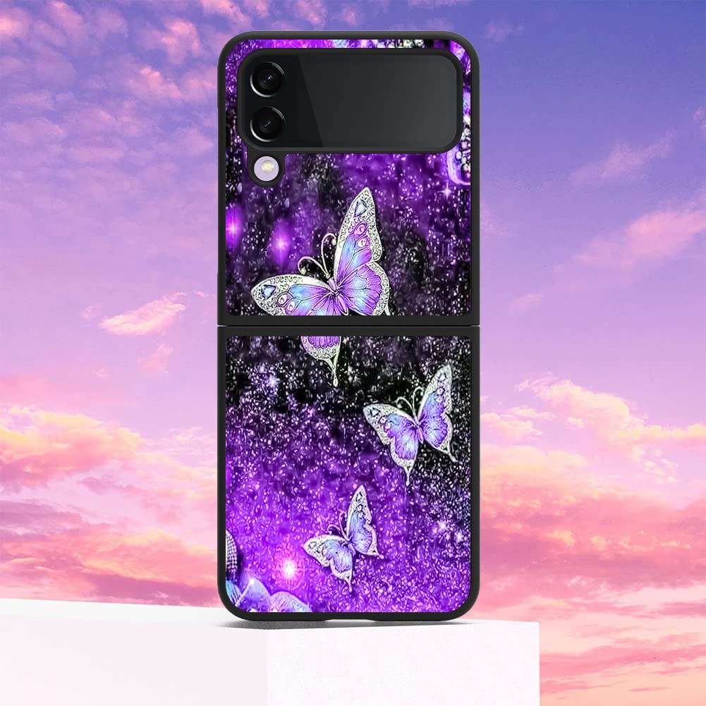 OOK Samsung Galaxy Z Flip 4 Case Glitter Purple Butterfly Nebula Space Design Hard PC+Soft TPU Bumper Anti-Slip Ultra Thin Cover Protective Shockproof Case for Galaxy Z Flip 4 (Purple Butterfly)