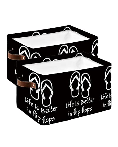 Storage Basket Black Flip Flops Large Foldable Storage Bins with Handles Life Is Better In Flip Flops Waterproof Fabric Laundry Baskets for Organizing Shelves Closet Toy Gifts Bedroom Home Decor