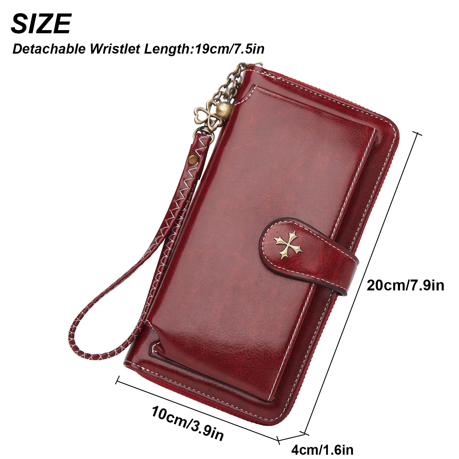 ZHIERNA PU Leather Wallet for Women, Credit Card Holder for 6.67in Cellphone, Zipper Around Wristlet Wallets (Wine Red)