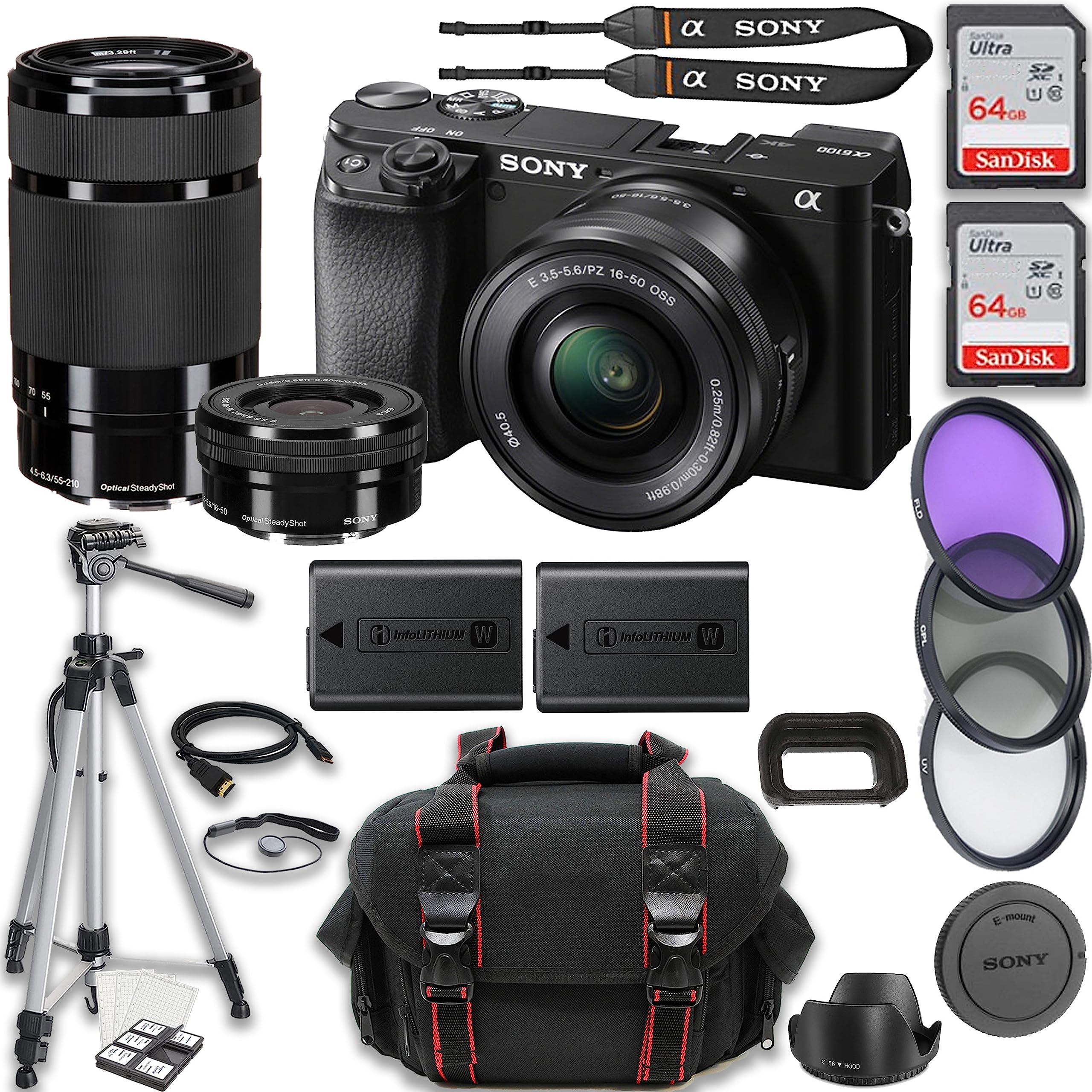 Sony a6100 Mirrorless Camera + Sony E PZ 16-50mm f/3.5-5.6 OSS Lens + Sony E 55-210mm f/4.5-6.3 OSS Lens + 2X 64GB Memory + Case + Tripod & More (20pc Bundle)