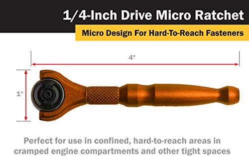 Titan 11322 1/4-Inch Drive x 4-Inch 90-Tooth Swivel Head Micro Ratchet - Orange
