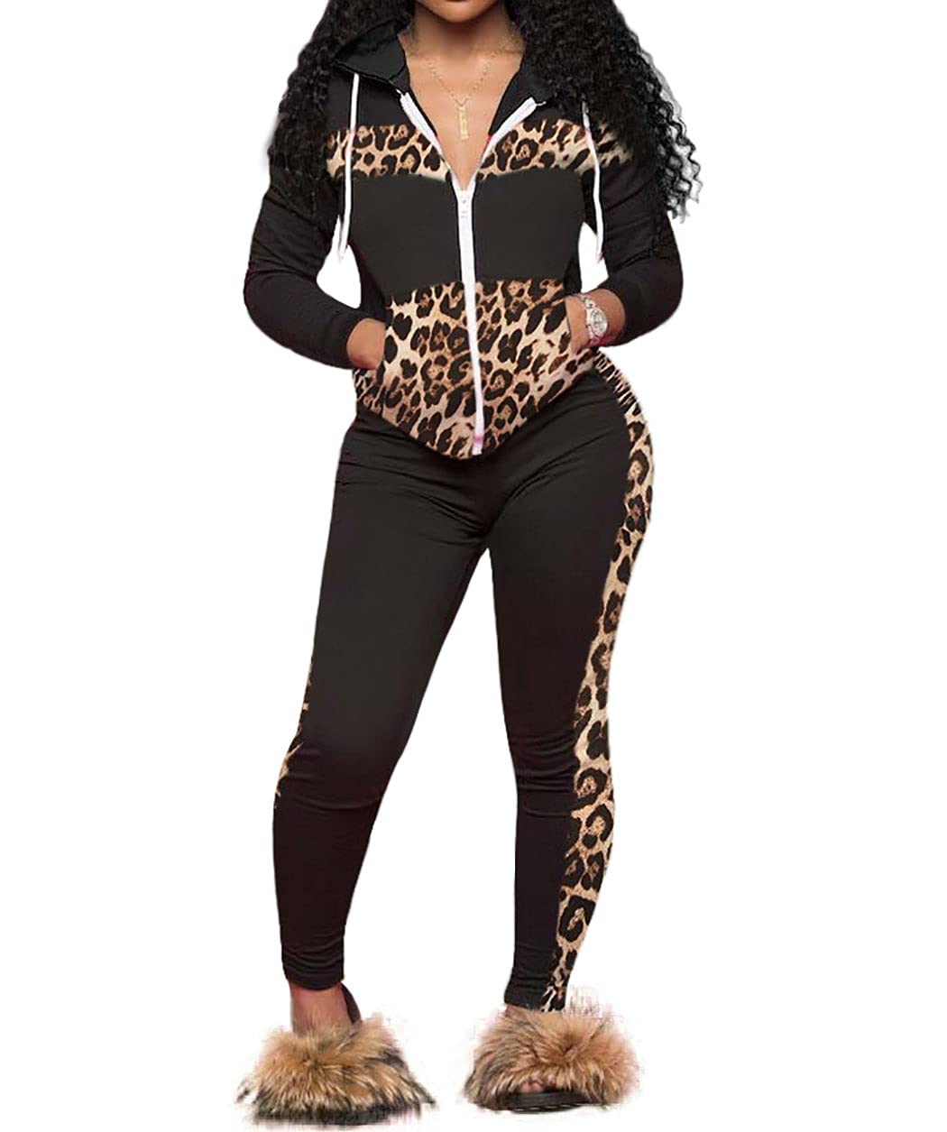 Womens 2 Piece Outfits Fashion Casual Leopard Patchwork Long Sleeve Top Pants Sweatsuit Set Tracksuits Black
