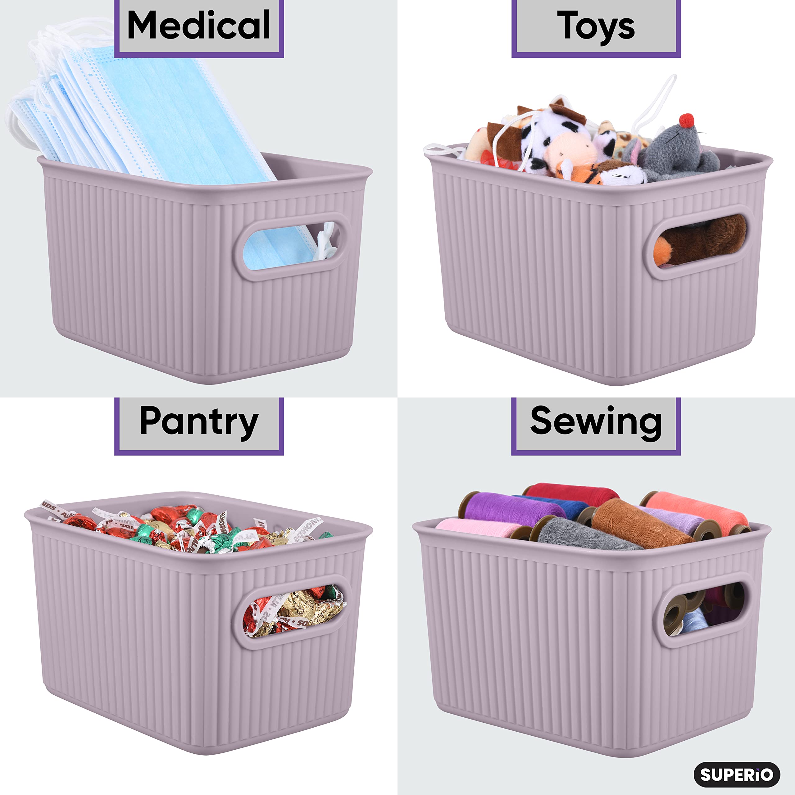 Superio Ribbed Collection - Decorative Plastic Open Home Storage Bins Organizer Baskets, Small Lilac Purple (1 Pack) Container Boxes for Organizing Closet Shelves Drawer Shelf 1.5 Liter